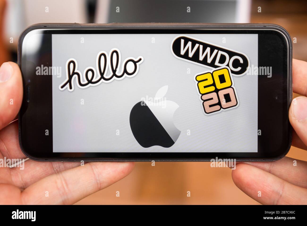 WWDC 2020 on the iPhone screen. LOS ANGELES, CALIFORNIA, MARCH 2020 ...