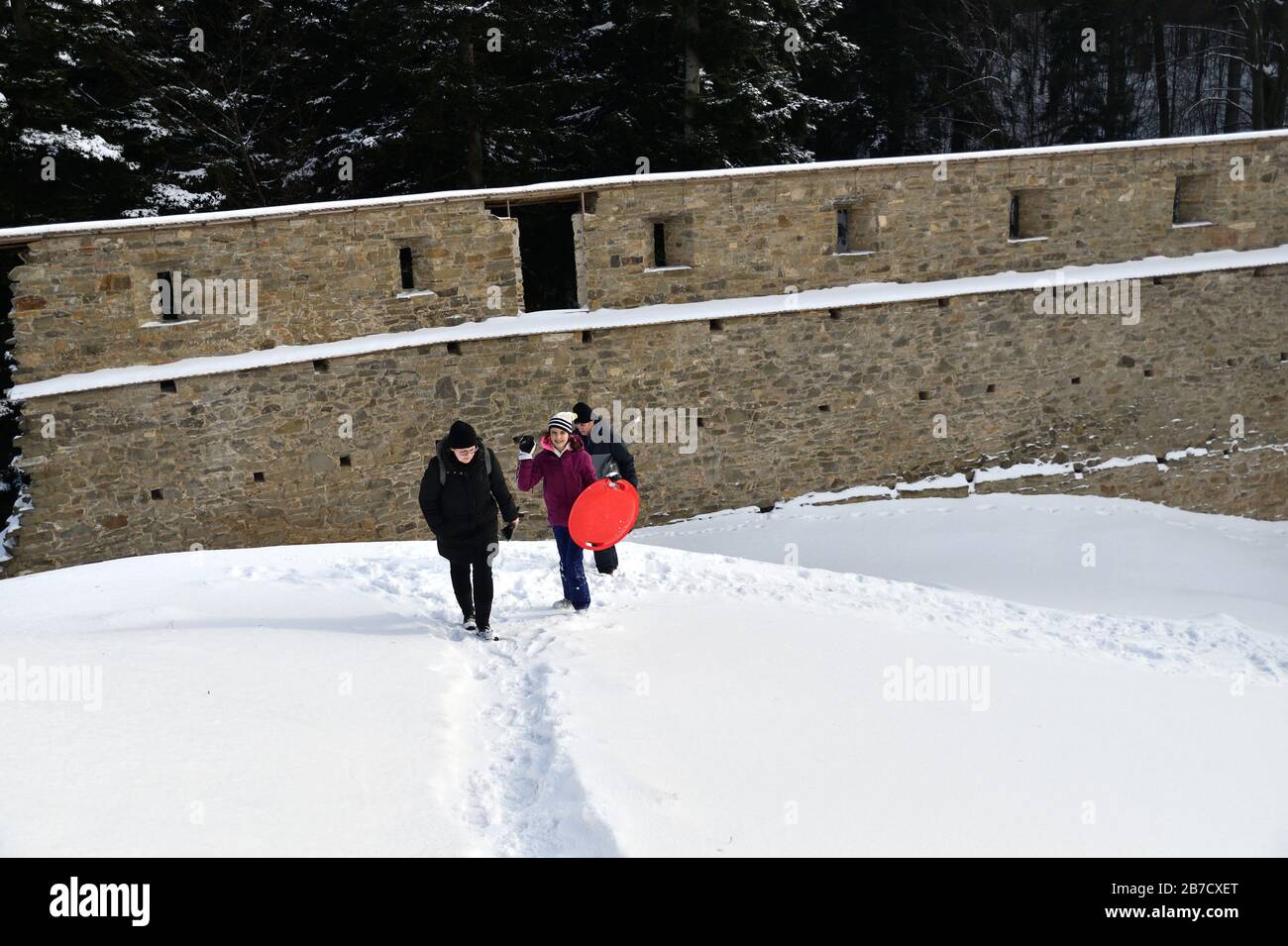 Tourist hiking in the ruins castle on the snow in Slovakia Zborov ruins ...
