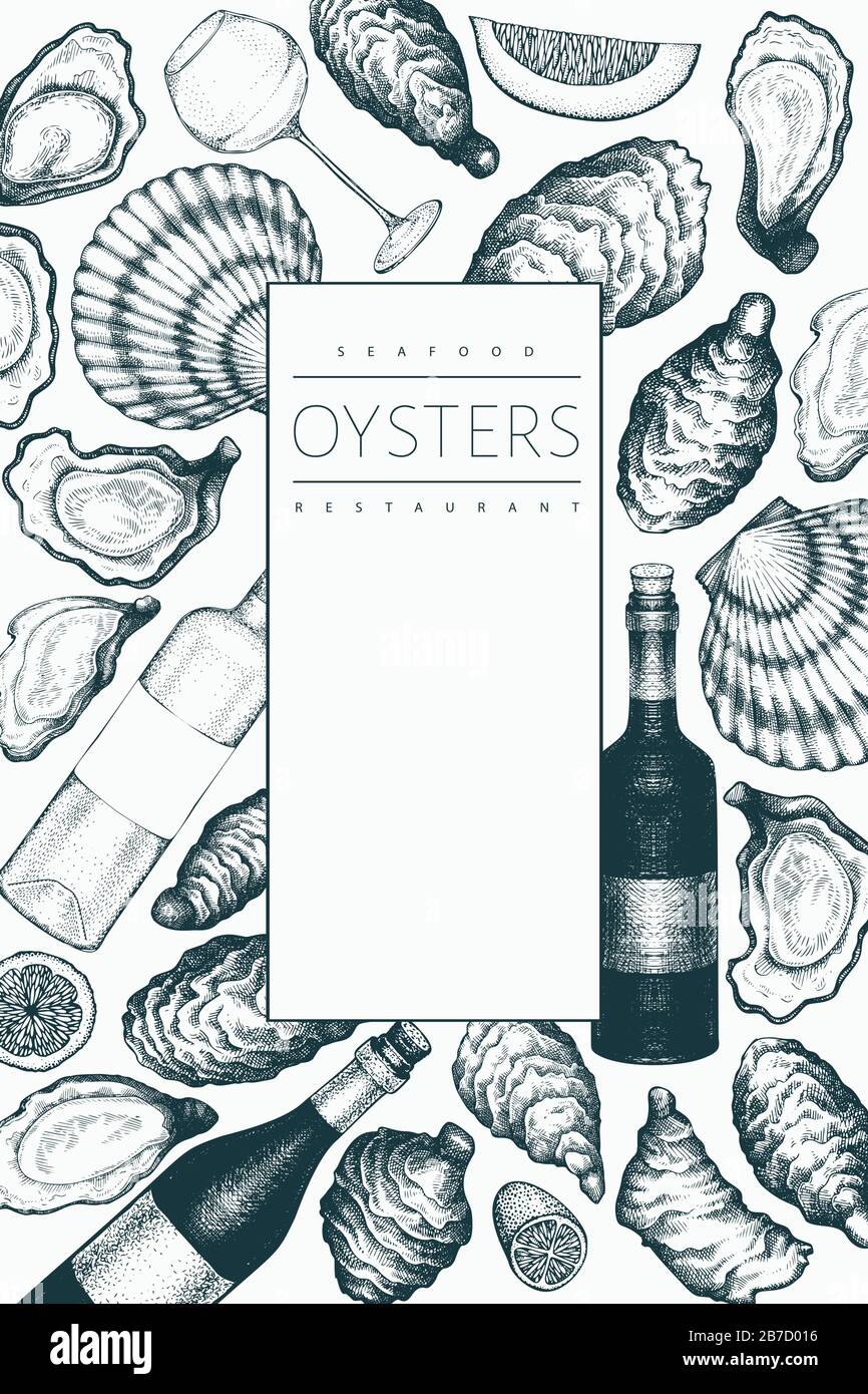 Oysters and wine design template. Hand drawn vector illustration ...