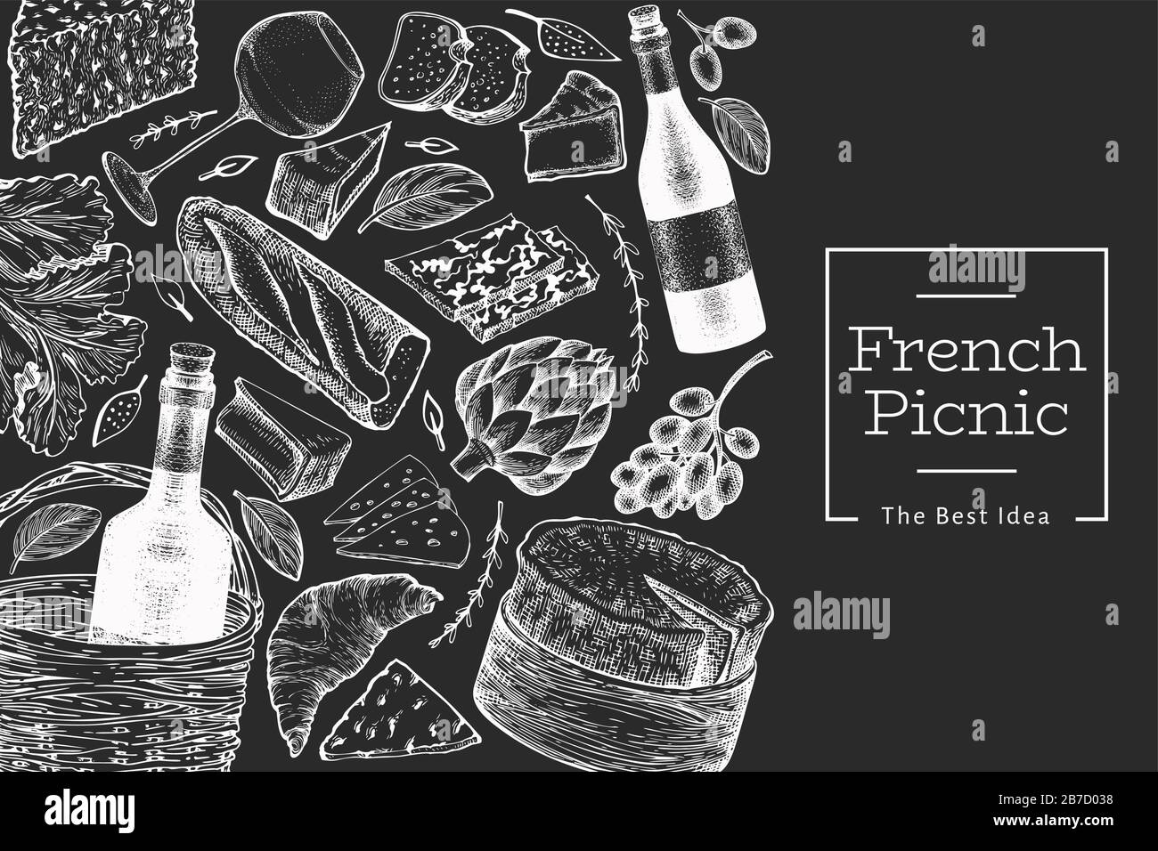 French food illustration design template. Hand drawn vector picnic meal ...