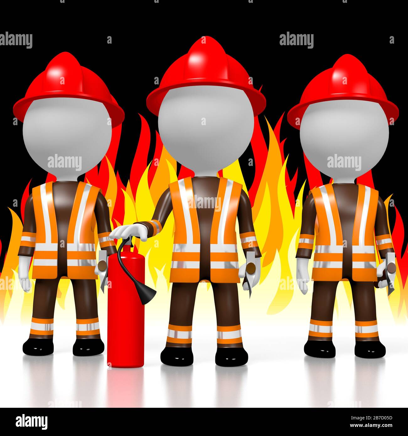 3D firemen, flames in background Stock Photo - Alamy