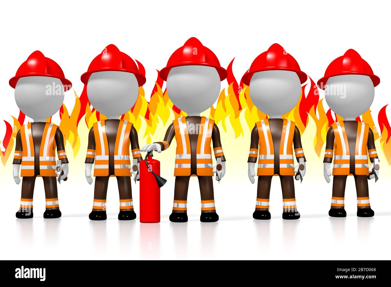 3D firemen, flames in background Stock Photo - Alamy