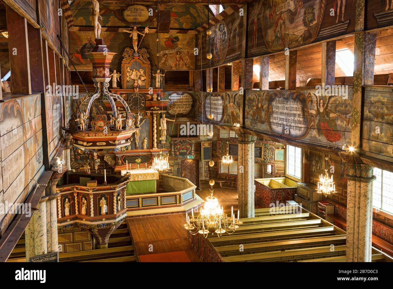 Inside view of an old Wooden Church Stock Photo - Alamy