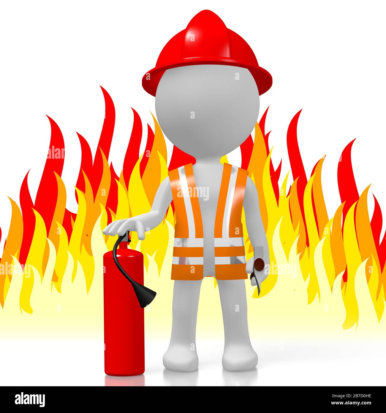3D fireman with extinguisher, flames in background Stock Photo - Alamy
