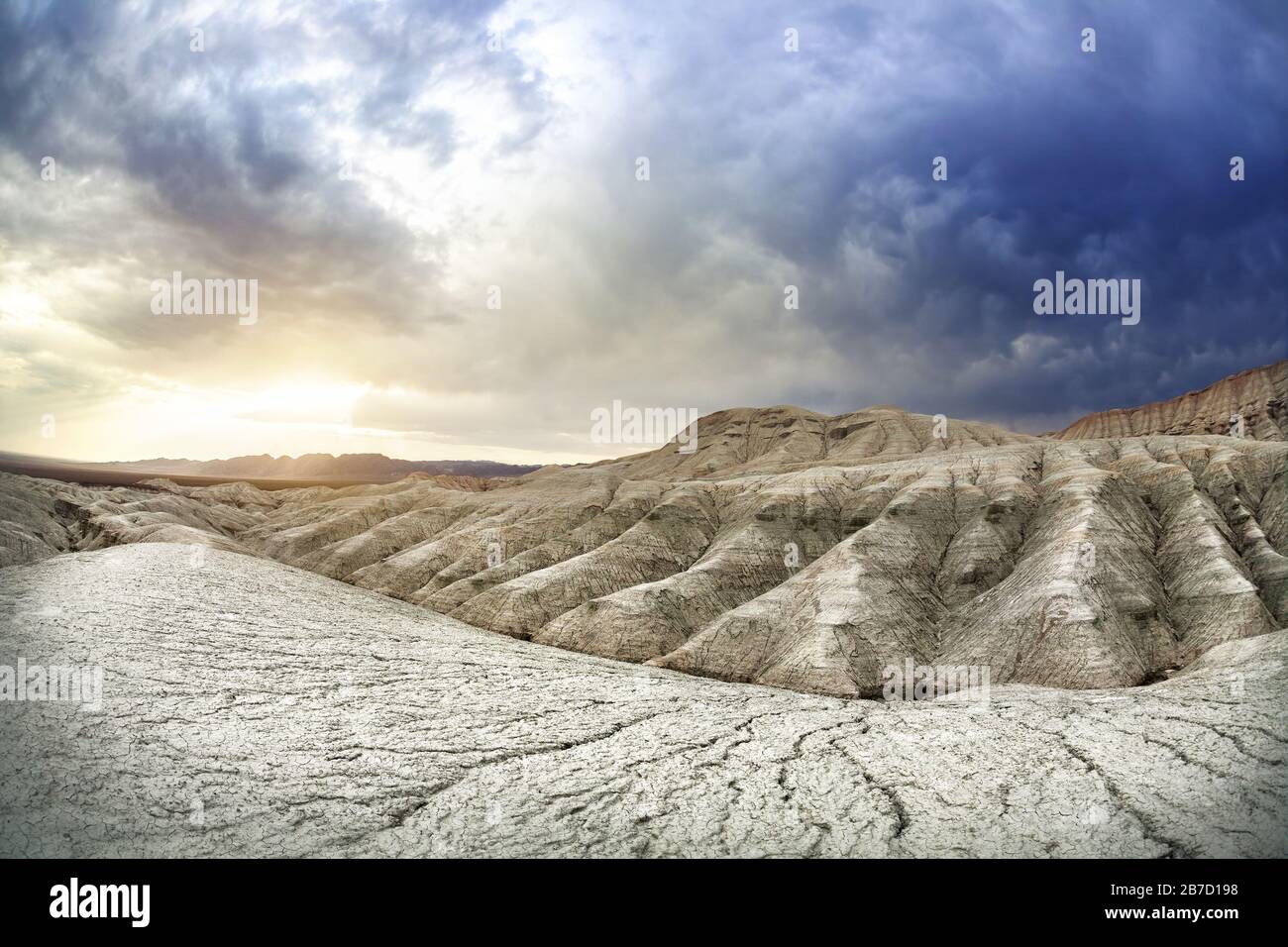 Desert Mountains landscape with dramatic overcast sky in Altyn Emel ...
