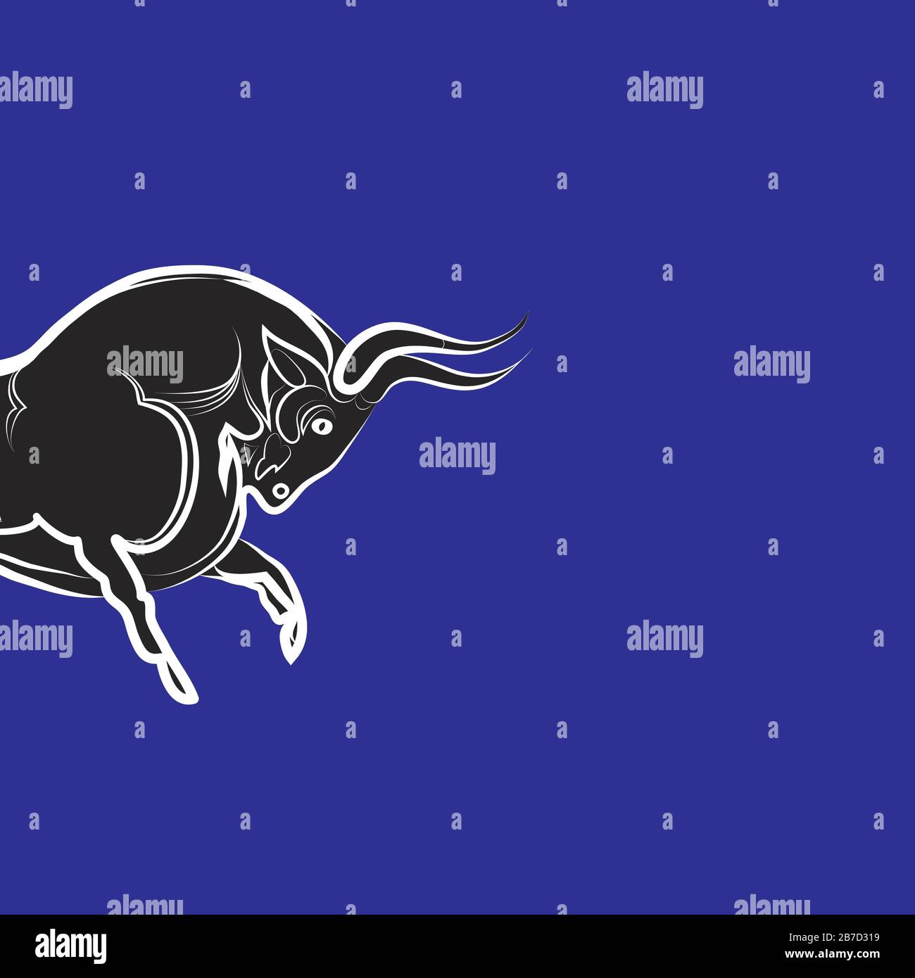 Angry stylized bull on blue background. Black and white strong bull ...