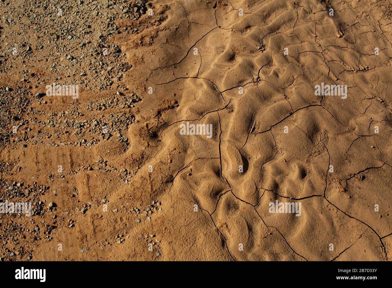 Desert puddle dry ground with cracks like dunes and rocks Stock Photo ...