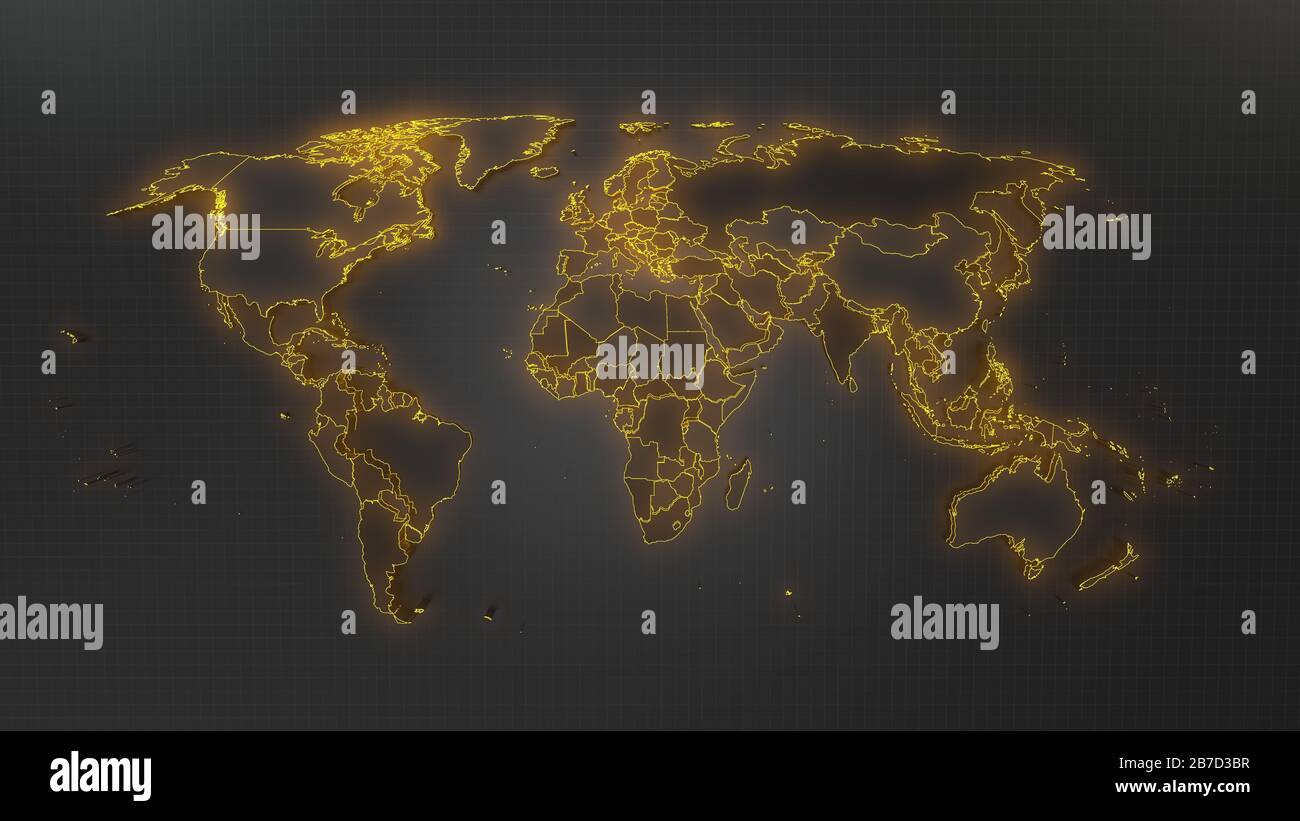 dark world map with elevated countries and glowing high energy borders ...