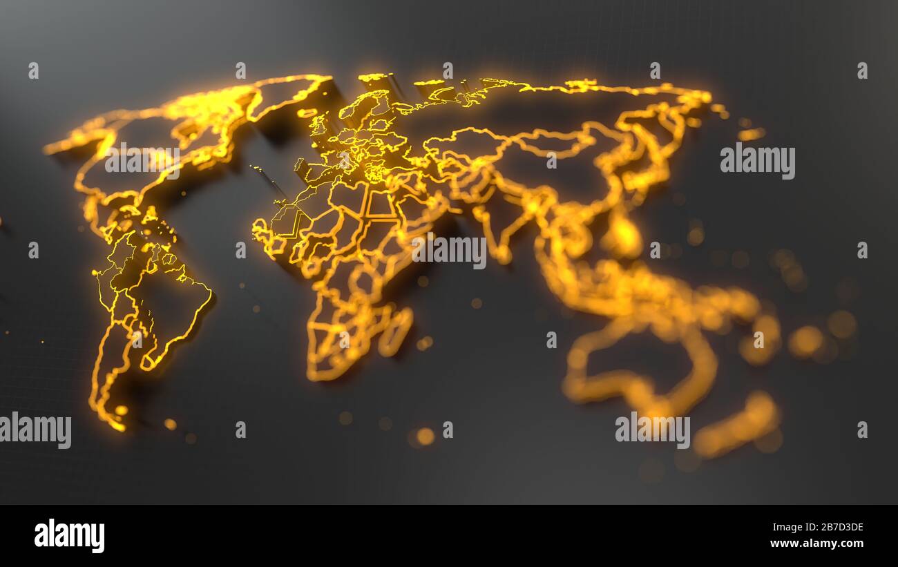 dark world map with elevated countries and glowing high energy borders ...