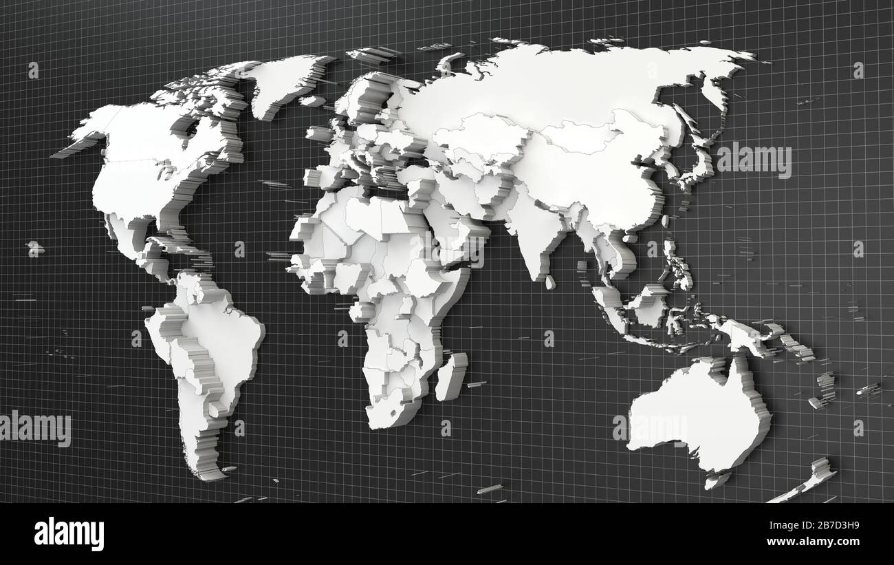 white world map with elevated countries. borders is gblack lined. 3d ...