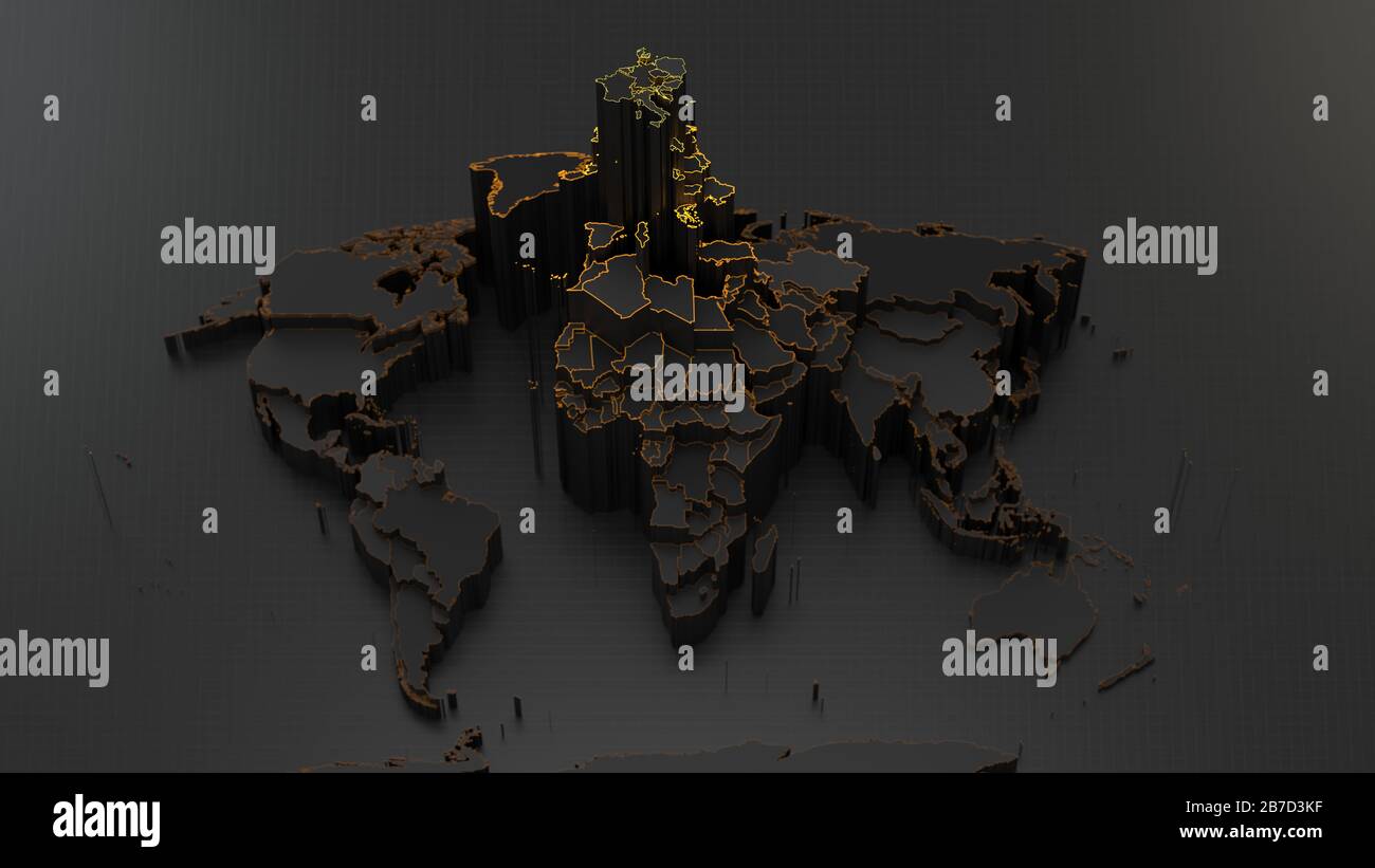 dark world map with elevated countries and glowing high energy borders ...