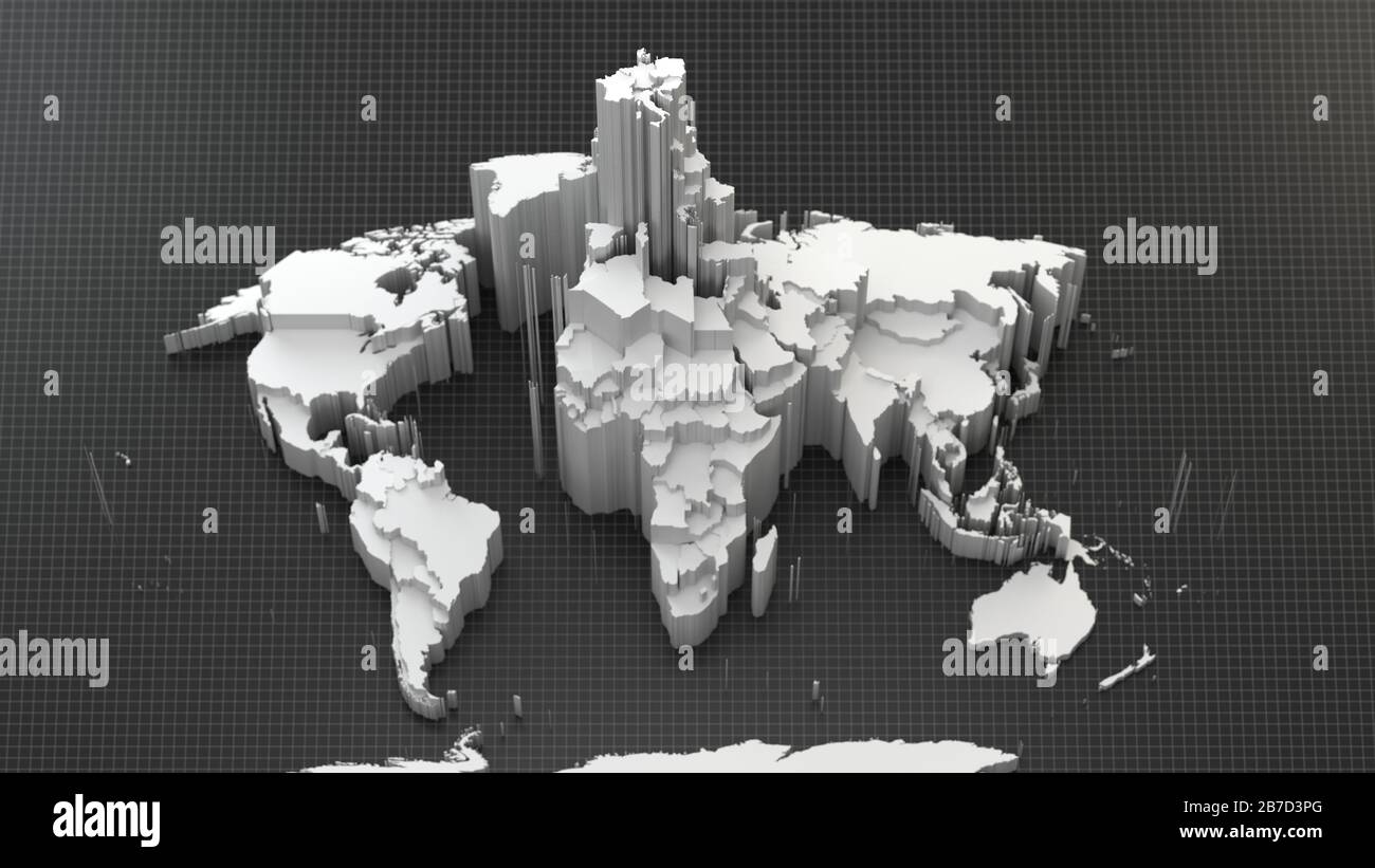 white world map with elevated countries. borders is gblack lined. 3d ...
