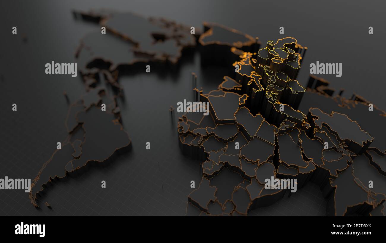dark world map with elevated countries and glowing high energy borders ...