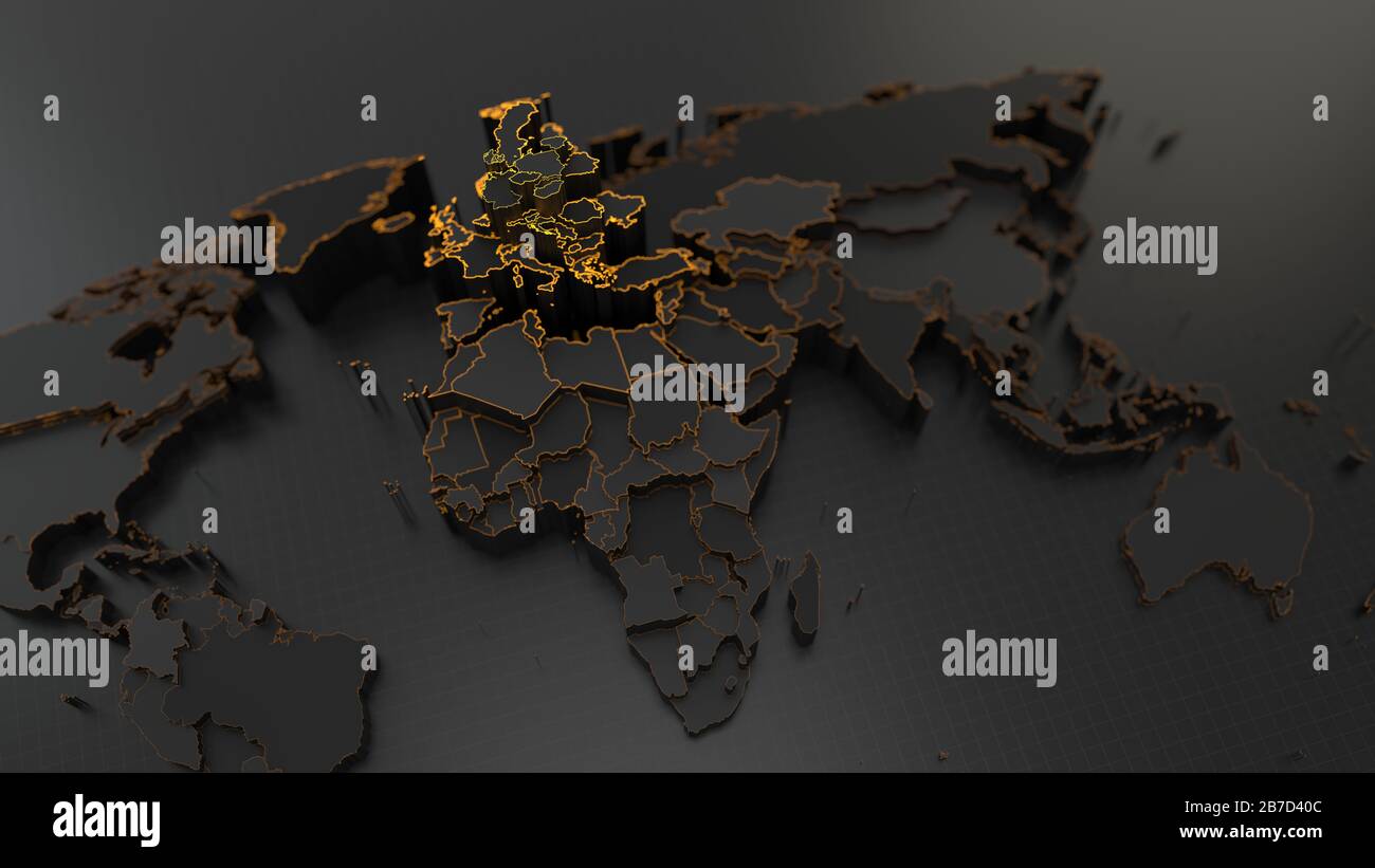 dark world map with elevated countries and glowing high energy borders ...
