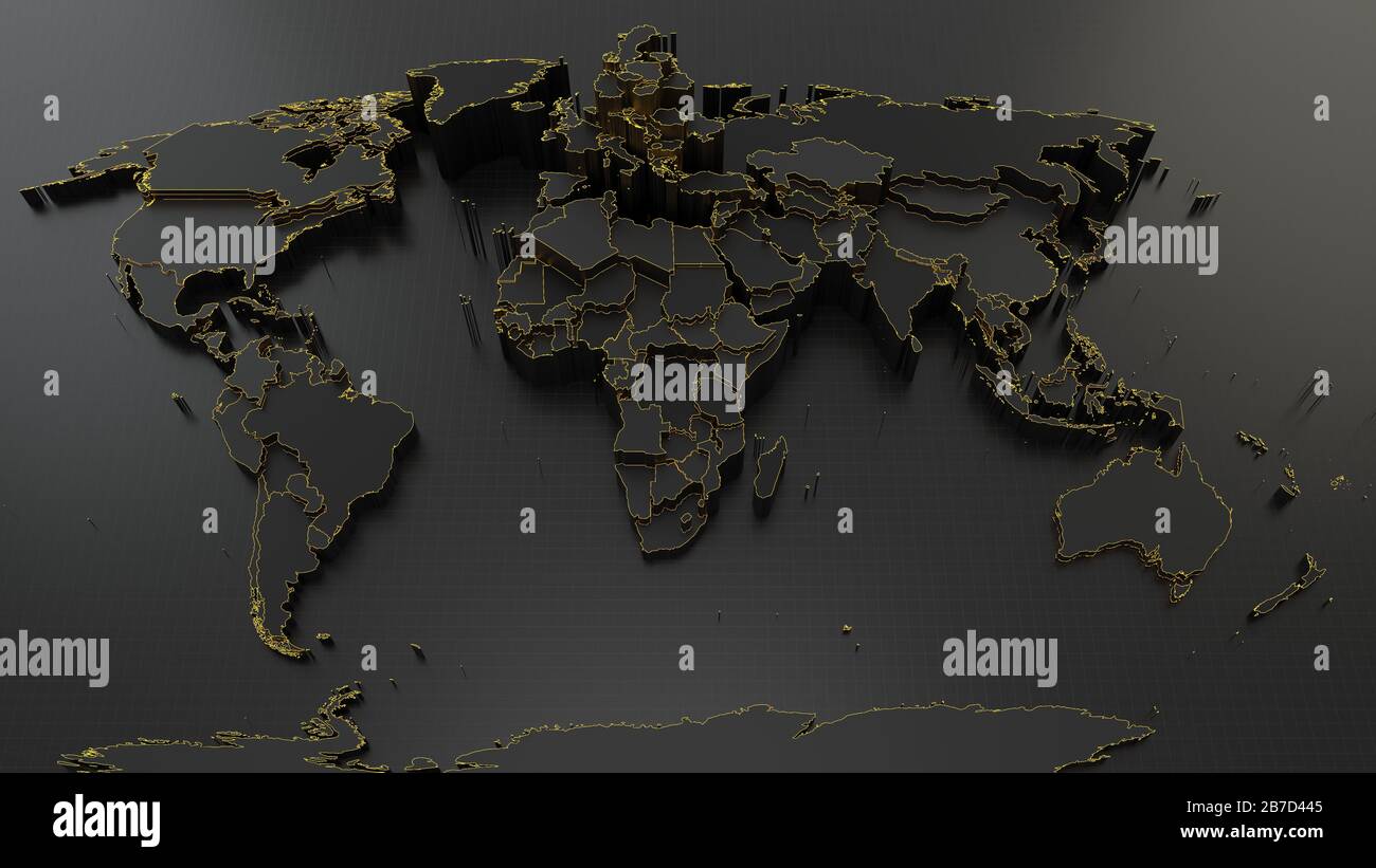 dark world map with elevated countries and glowing high energy borders ...