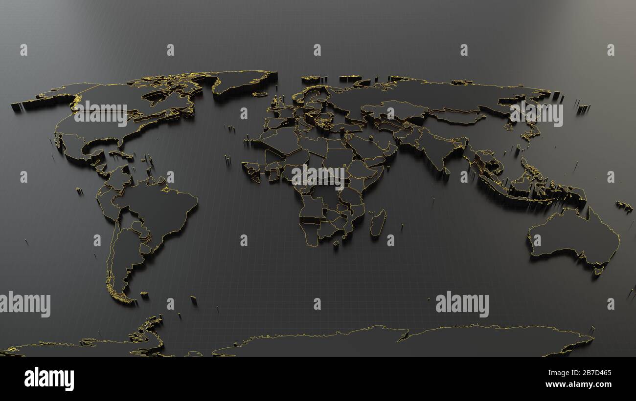 dark world map with elevated countries and glowing high energy borders ...