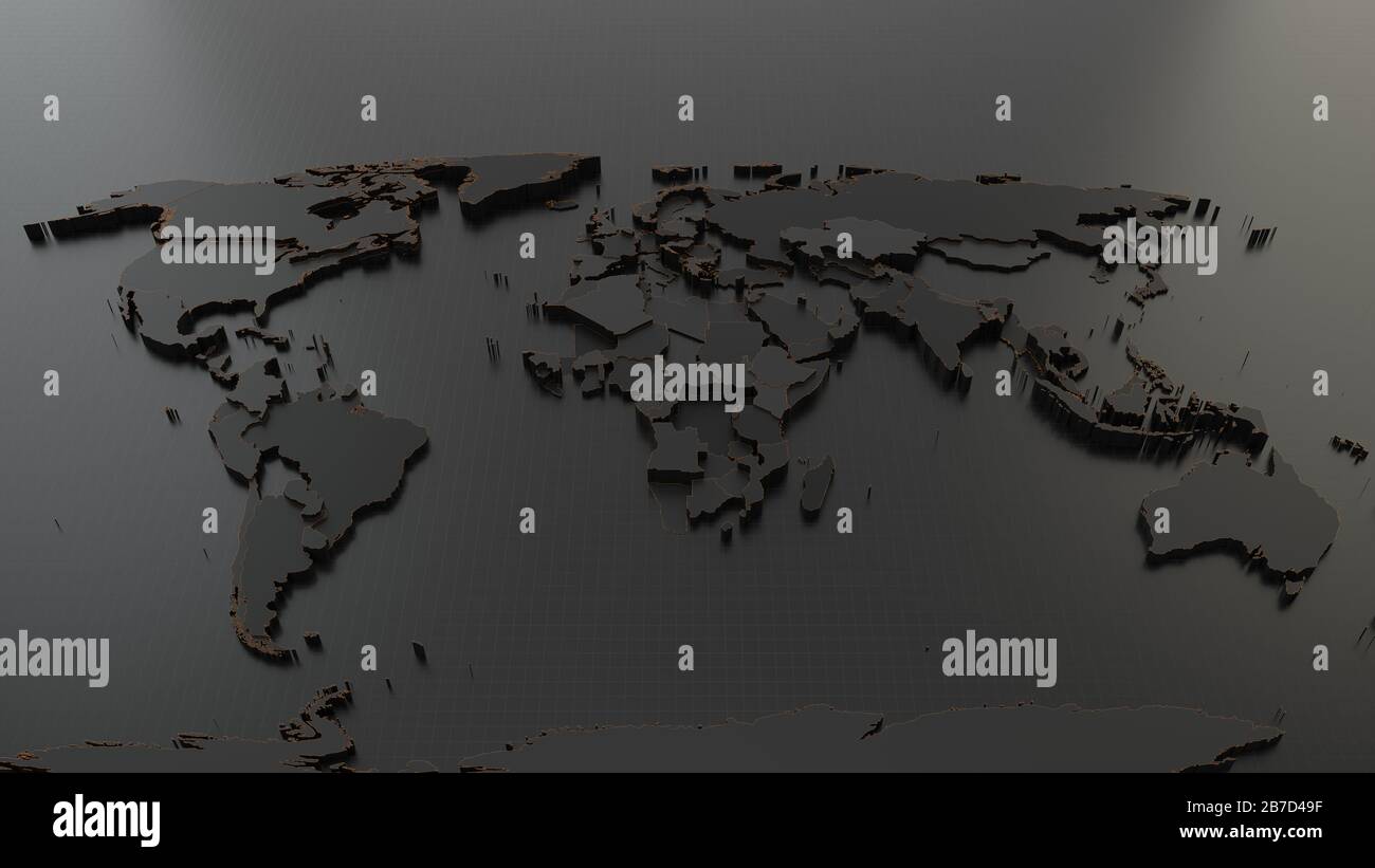 dark world map with elevated countries and yellow borders. 3d ...