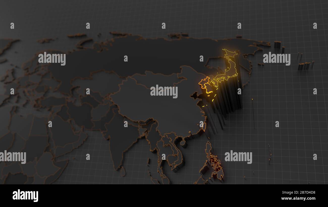 rised japan on dark world map with elevated countries and glowing high ...