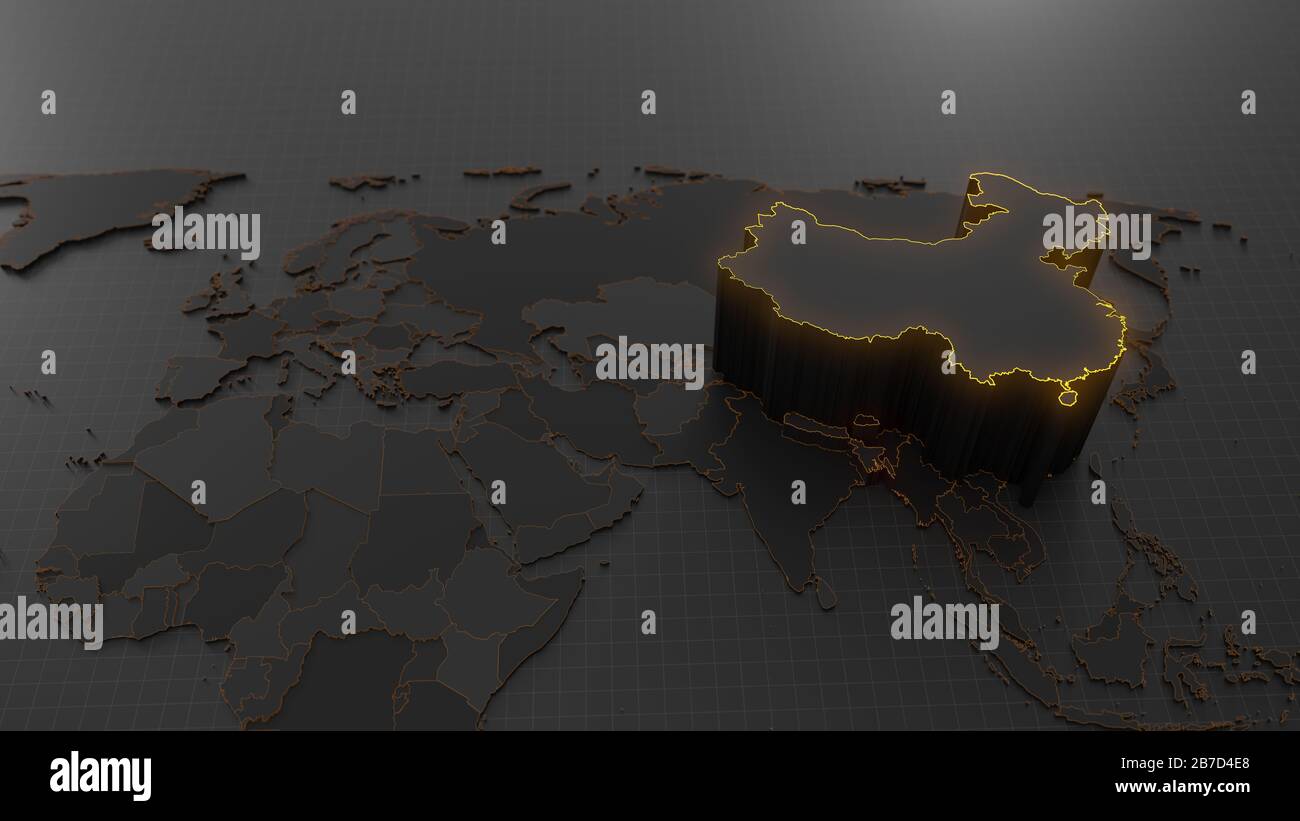 rised china on dark world map with elevated countries and glowing high ...