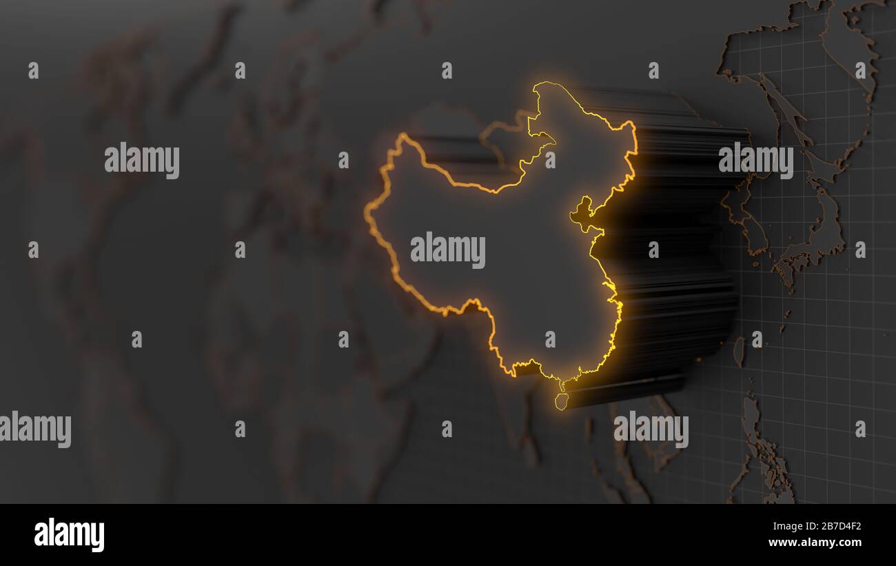 rised china on dark world map with elevated countries and glowing high ...