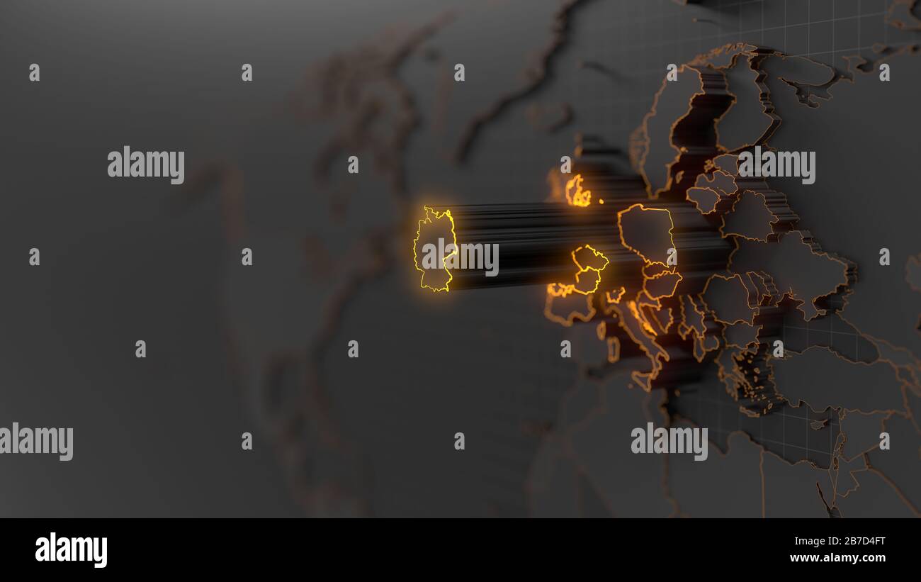rised germany on dark world map with elevated countries and glowing ...