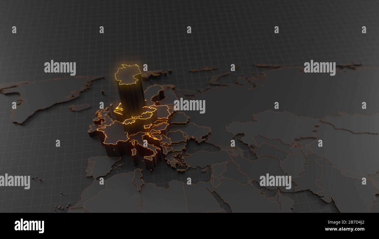 rised germany on dark world map with elevated countries and glowing ...
