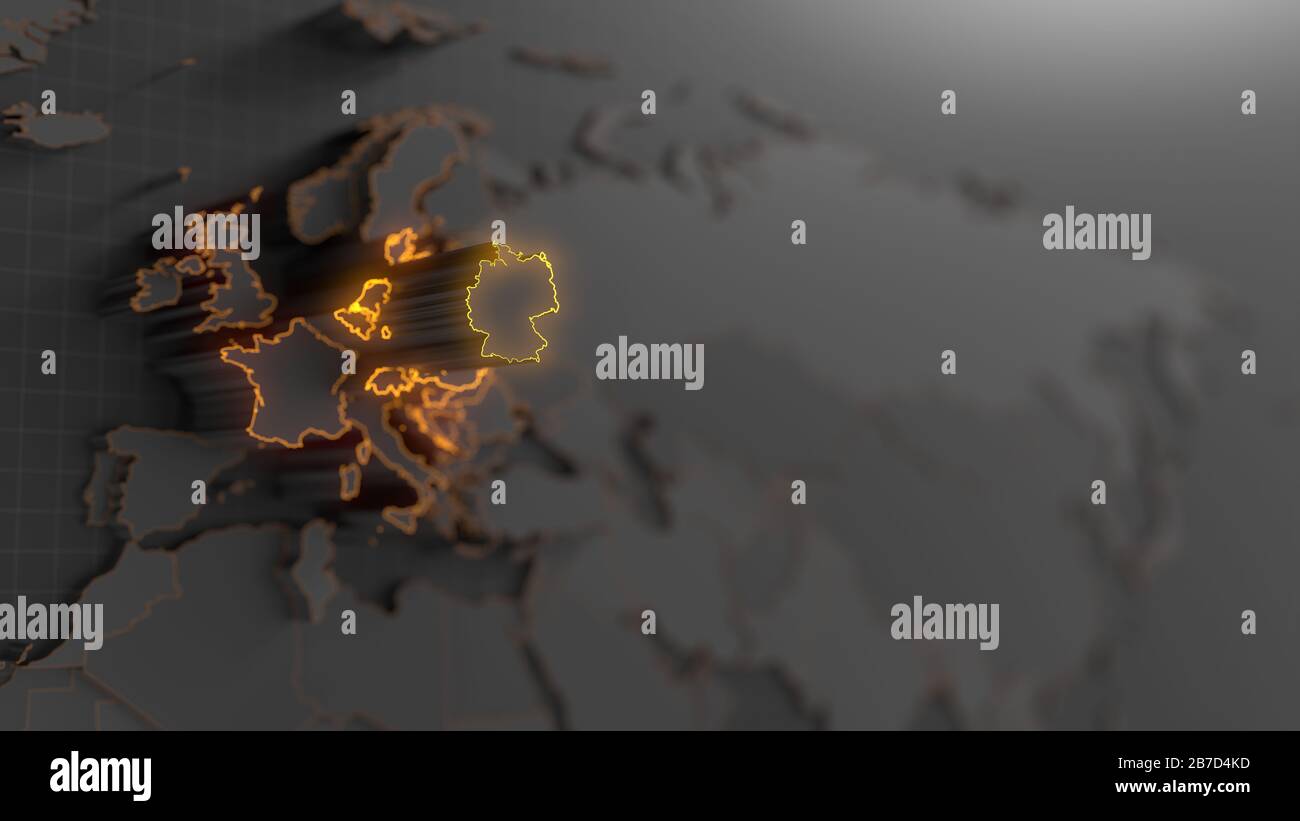 rised germany on dark world map with elevated countries and glowing ...