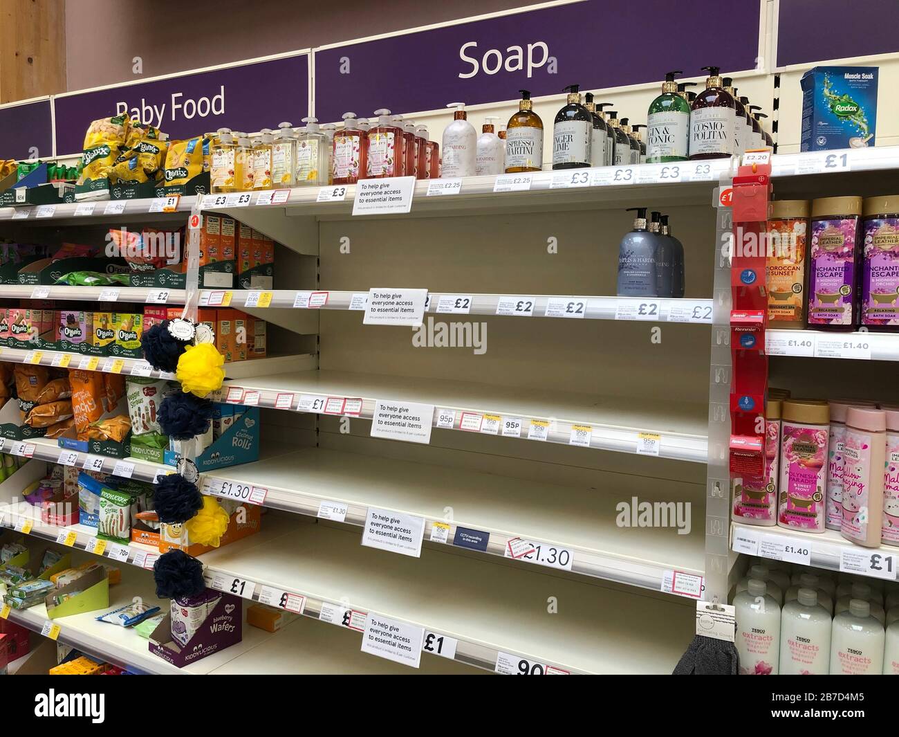 Shelves empty of handwash at Tesco in Camelon near Falkirk, as shoppers ...