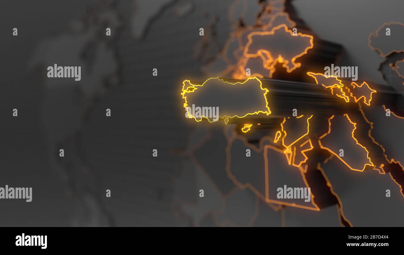 rised turkey on dark world map with elevated countries and glowing high ...
