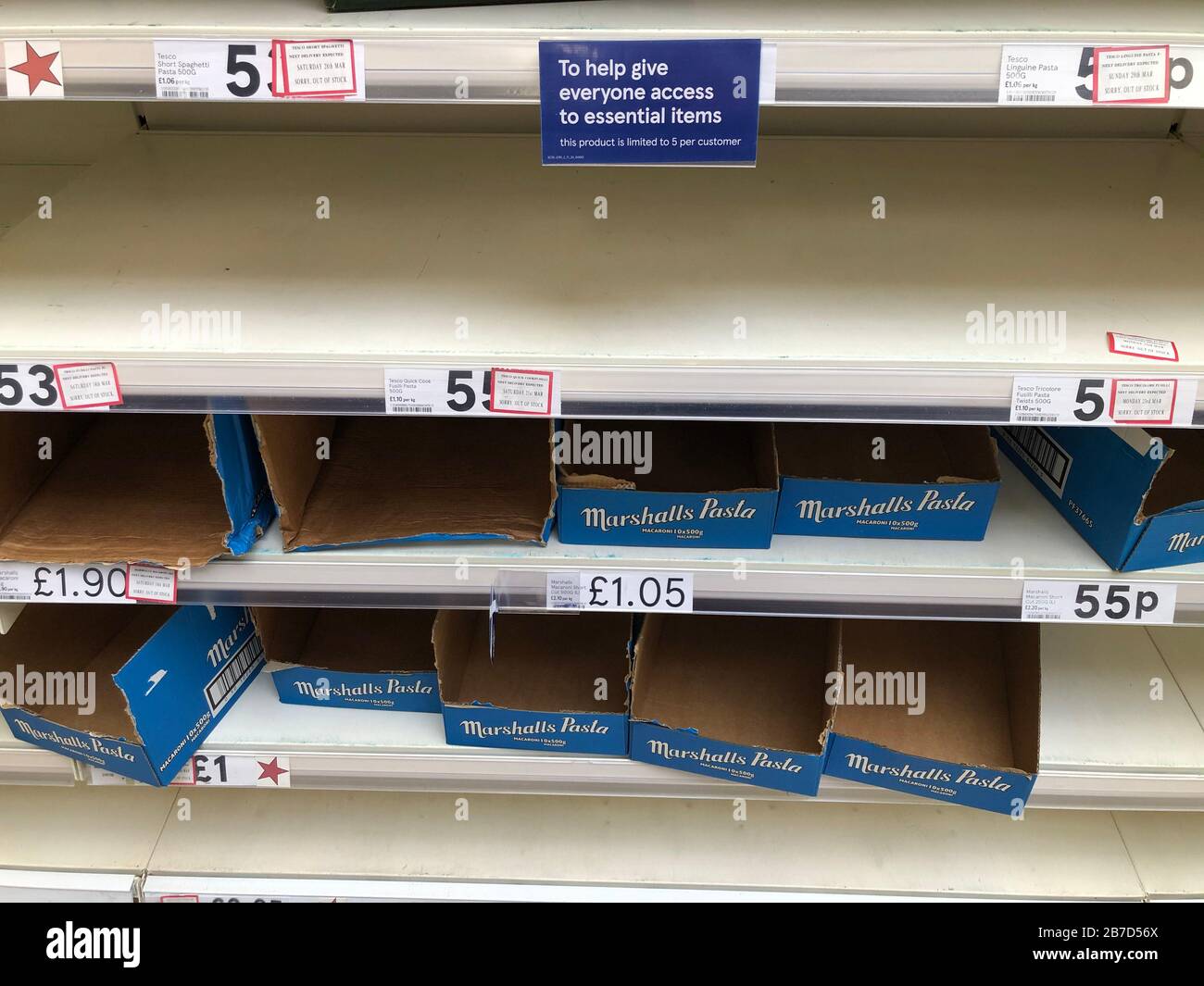 Shelves empty of pasta at tesco in camelon near falkirk hi-res stock ...
