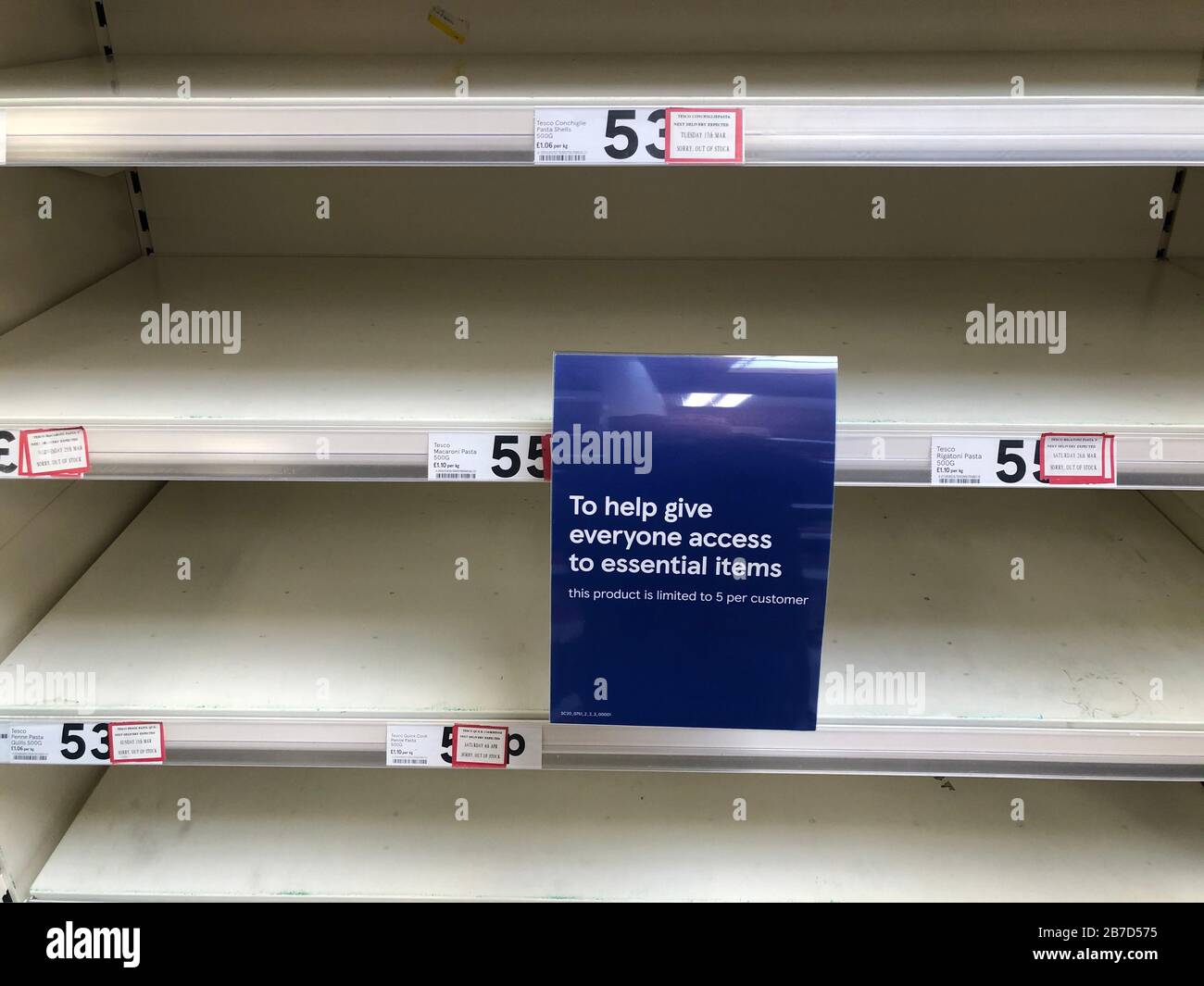 Shelves empty of pasta at tesco in camelon near falkirk hi-res stock ...