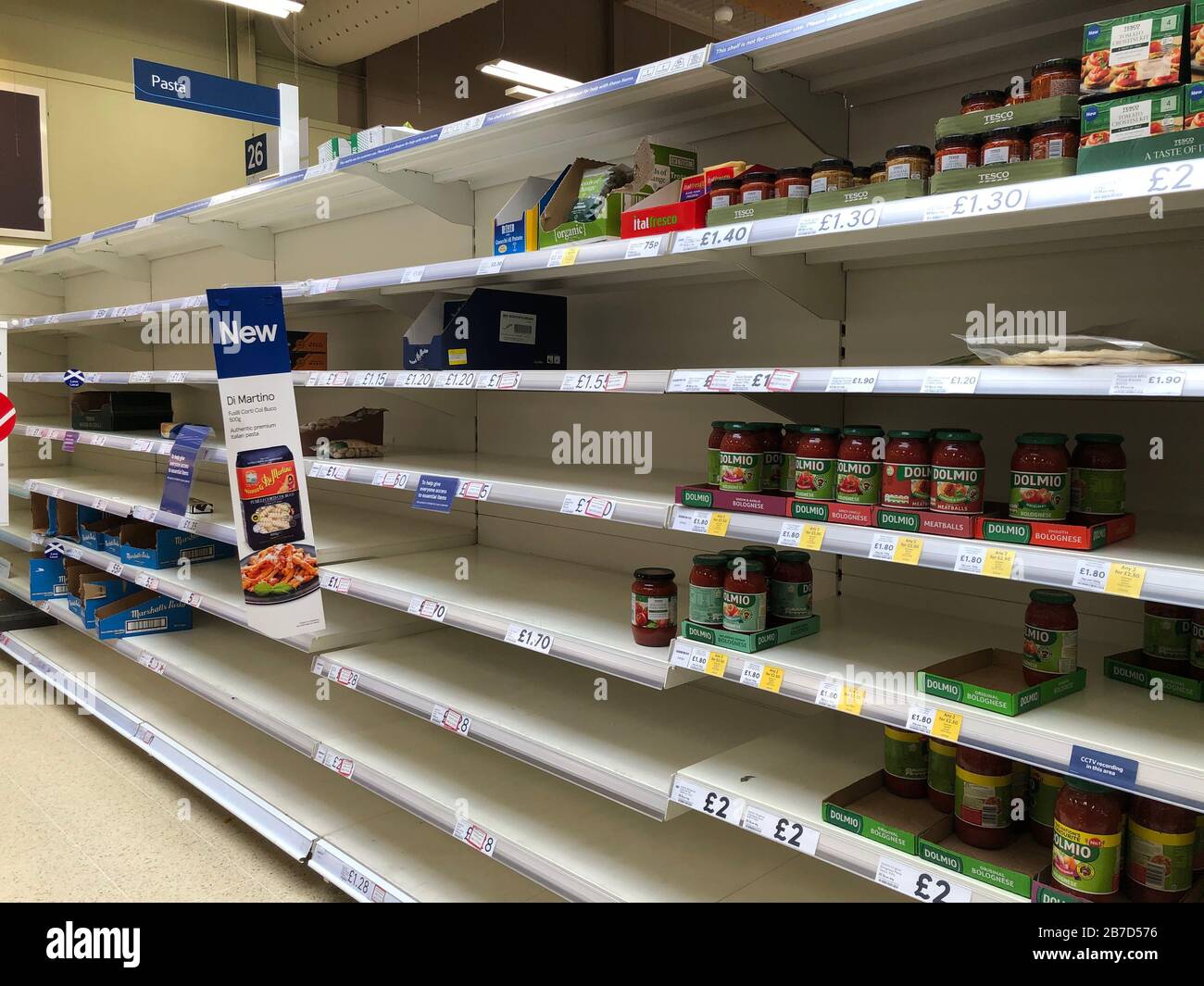 Shelves empty of pasta at tesco in camelon near falkirk hi-res stock ...
