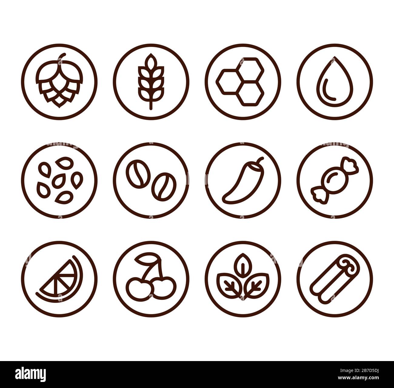 Beer ingredient labels icon set. Craft beer brewing spices and flavors ...