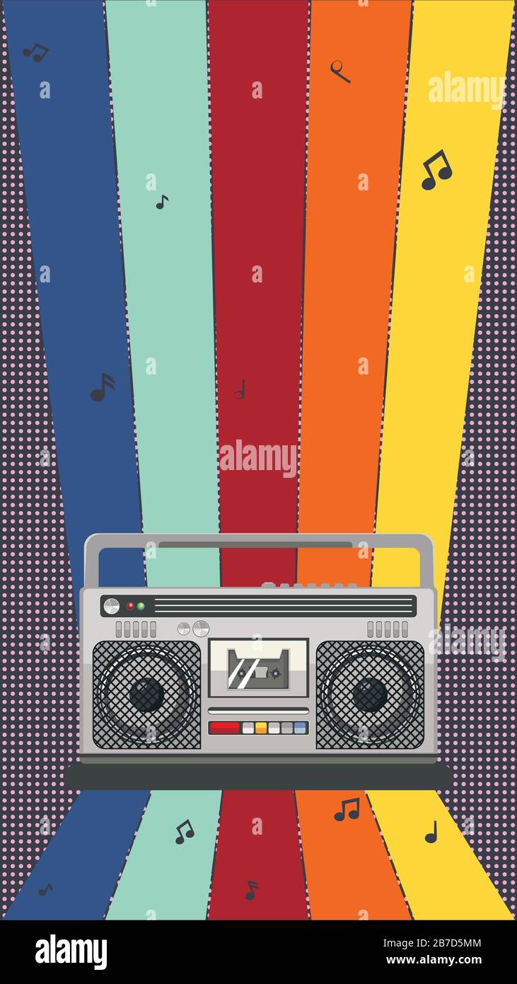 Funky 80s music poster with portable radio cassette player, boombox ...