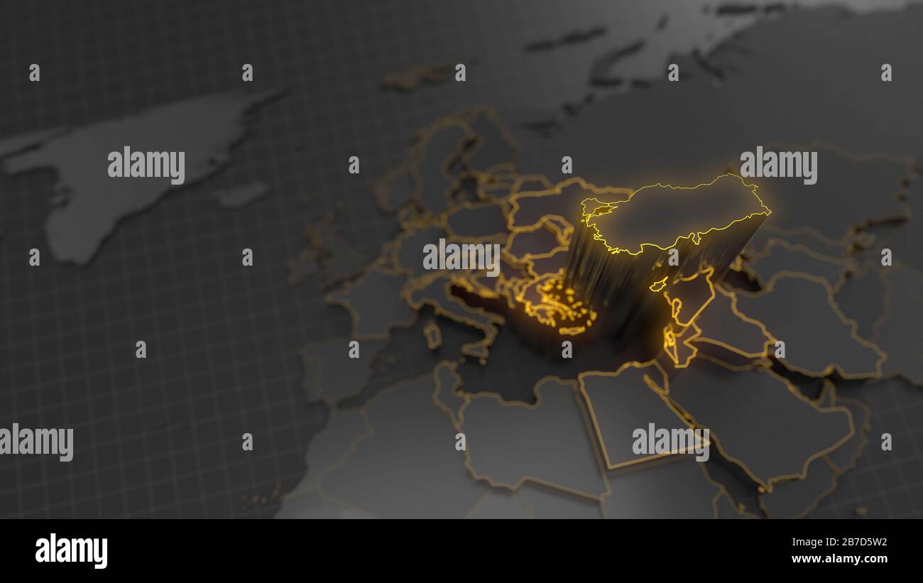 rised turkey on dark world map with elevated countries and glowing high ...