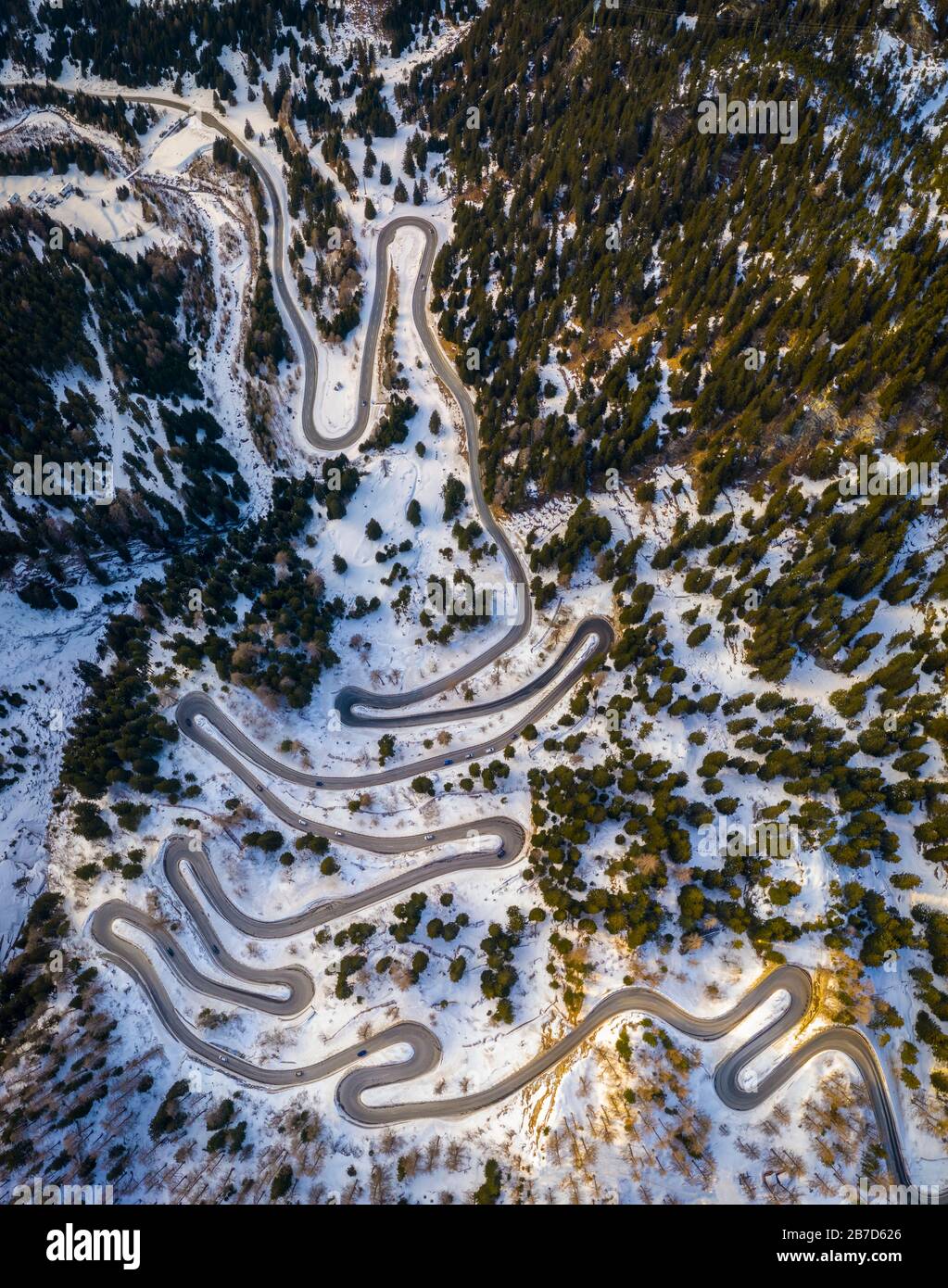 Aerial view of curves of Maloja Pass road, Bregaglia Valley, canton of ...