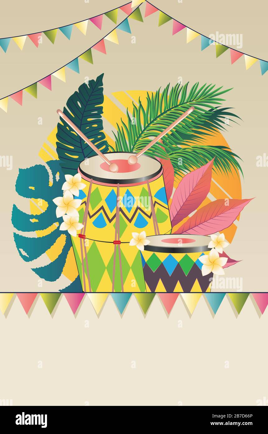 Music design with colorful festive drum and tropical leaves and flowers ...