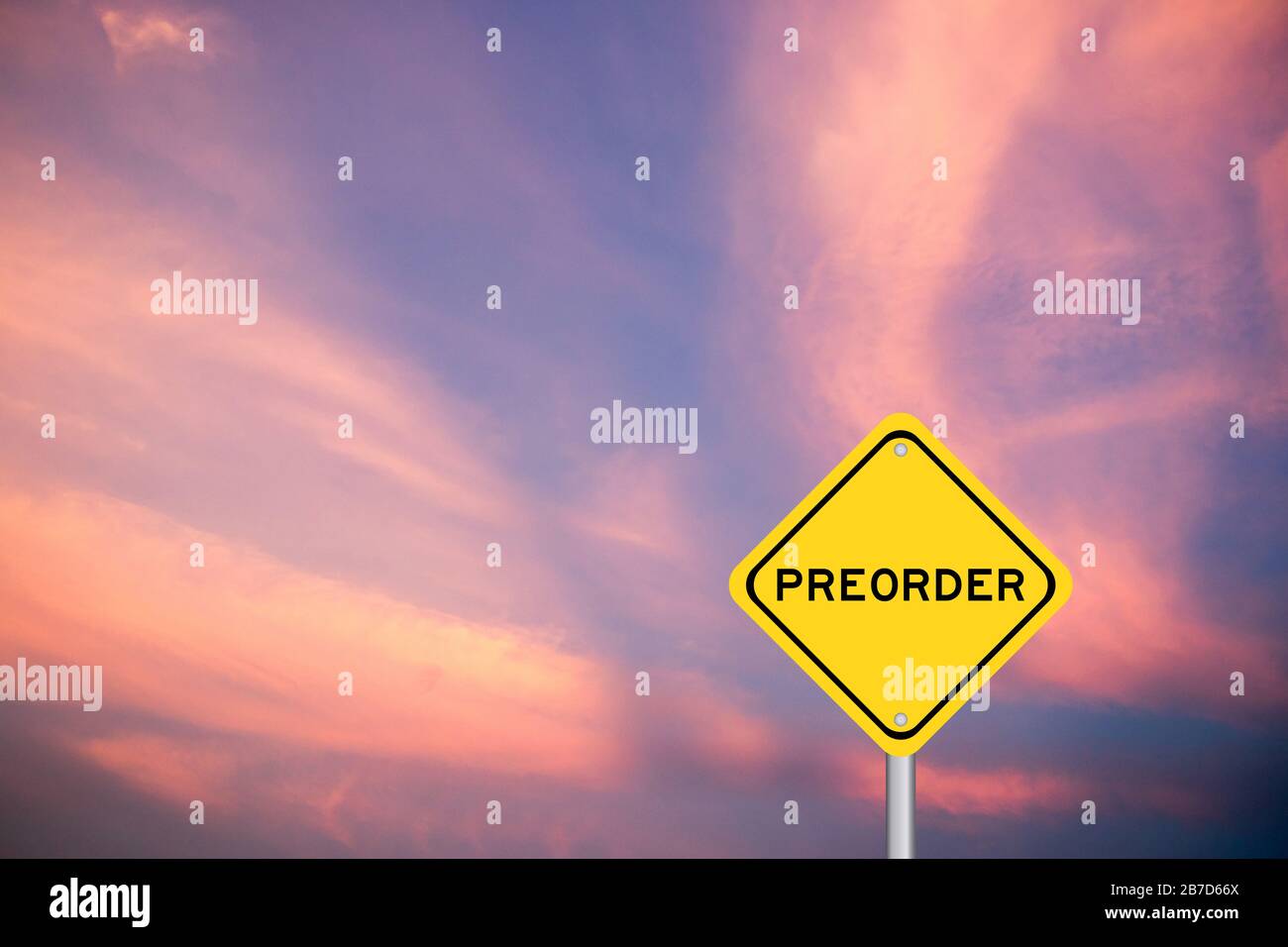 Yellow transportation sign with word preorder on violet sky background ...