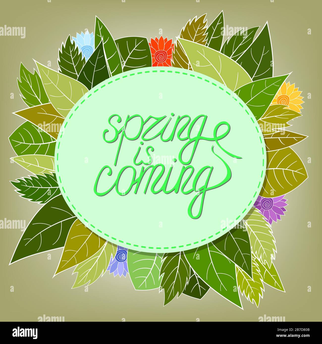 spring lettering greeting card with cartoon flowers and leaves - spring ...