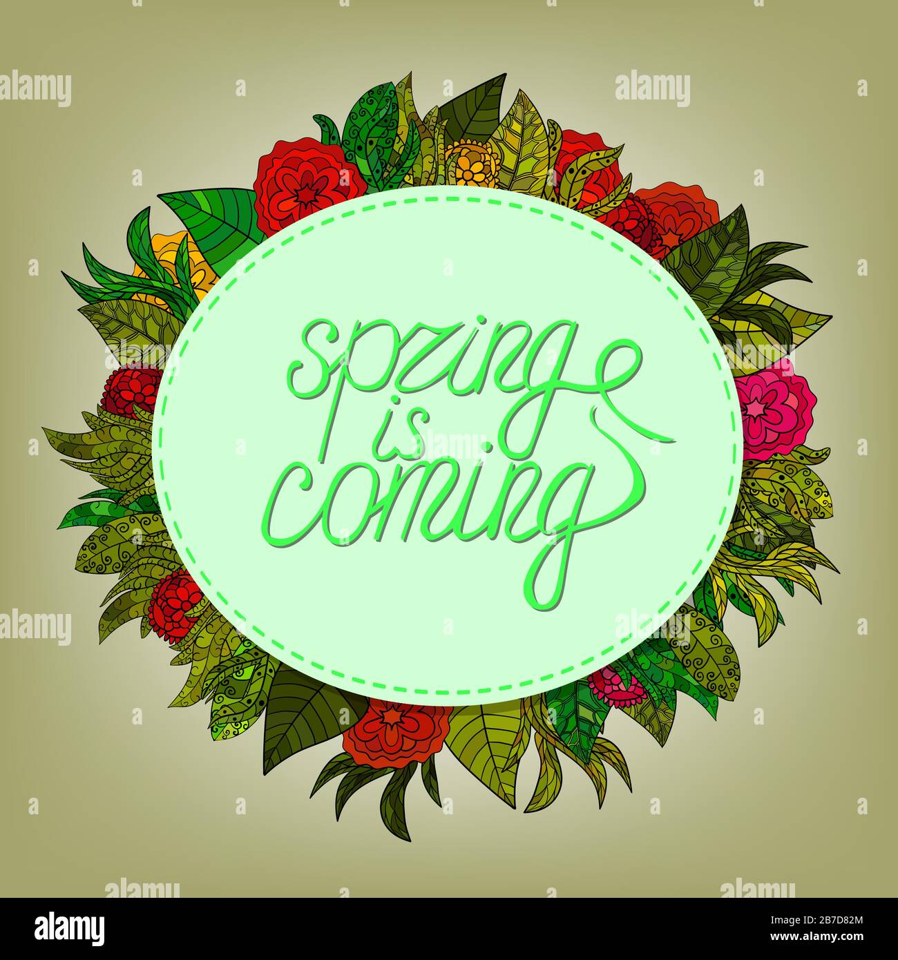 spring lettering greeting card with cartoon flowers and leaves - spring ...