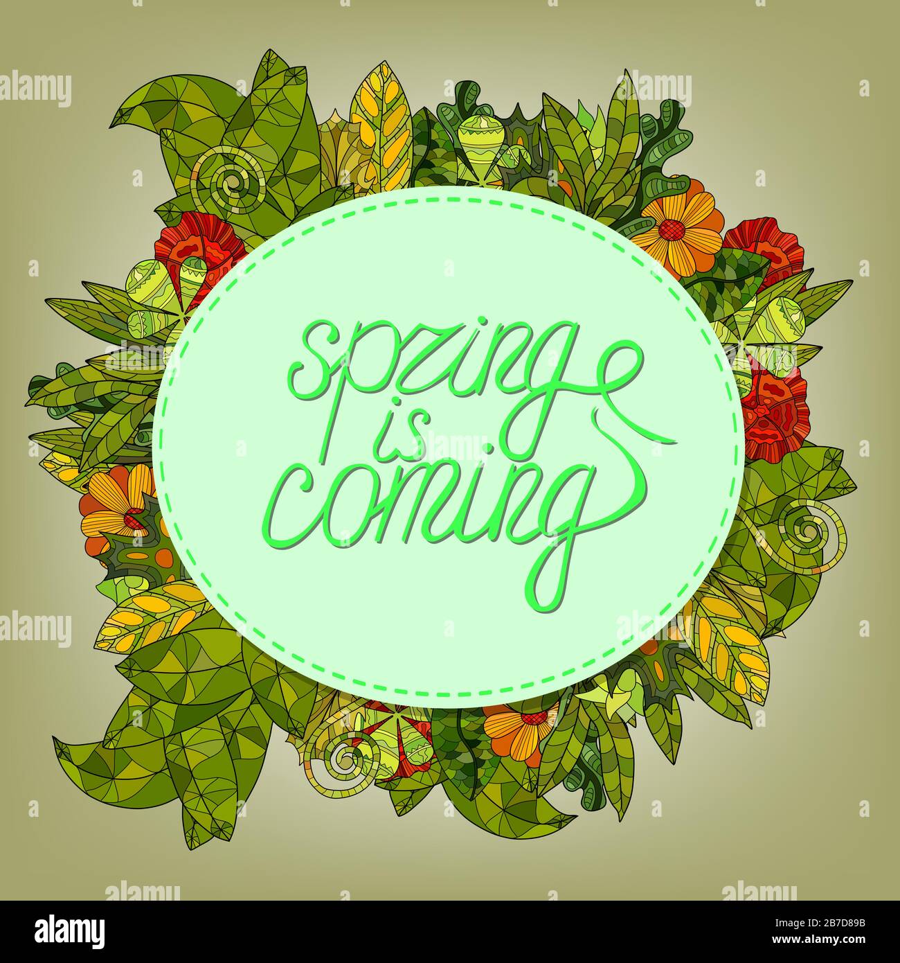 spring lettering greeting card with cartoon flowers and leaves - spring ...