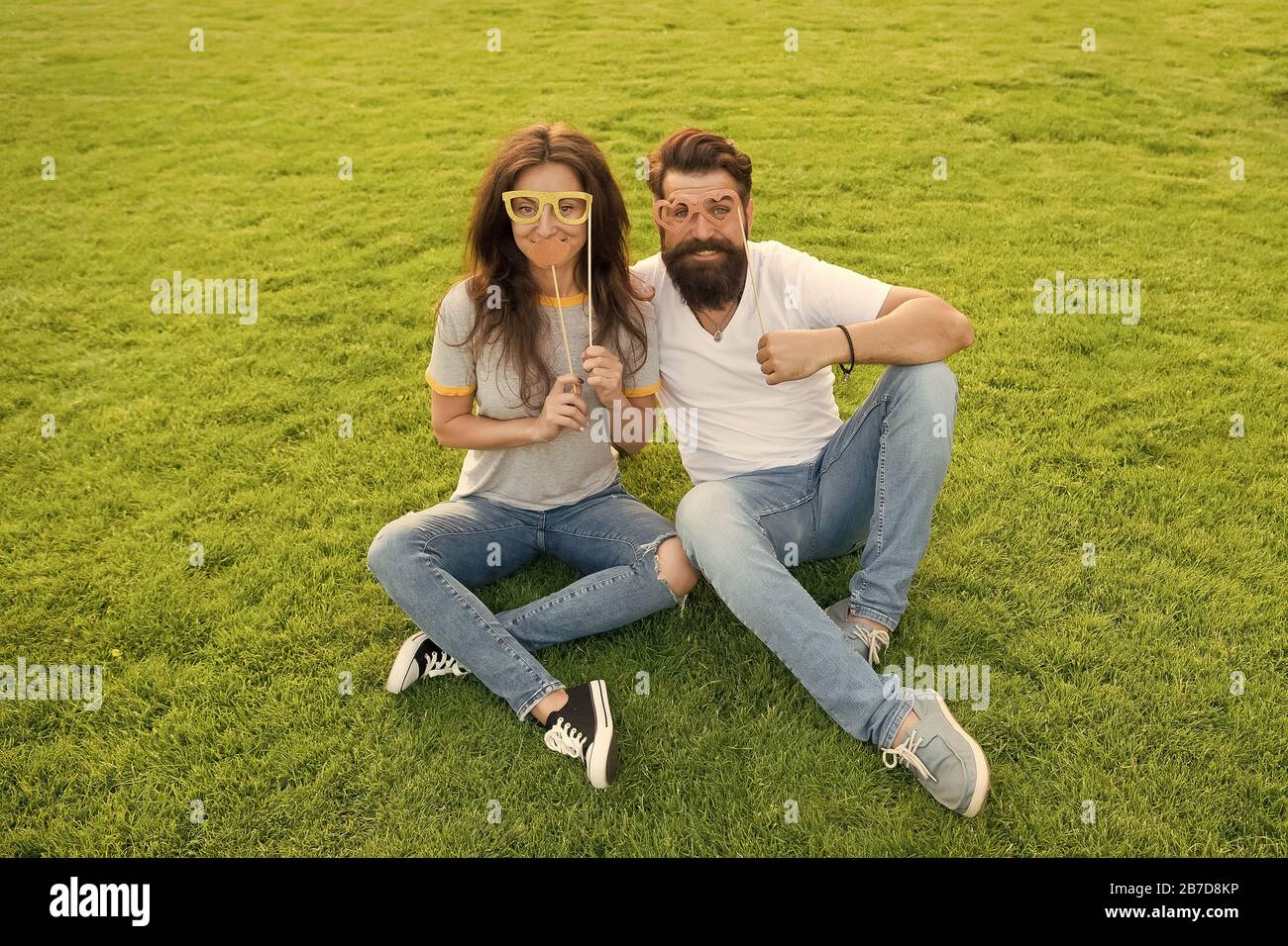 Couple in love cheerful youth booth props. Emotional people. Summer ...