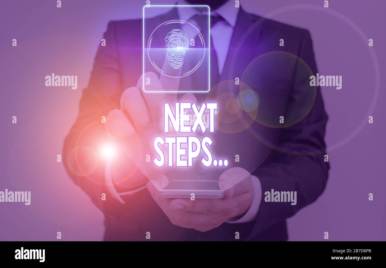 Writing note showing Next Steps. Business concept for something you do ...