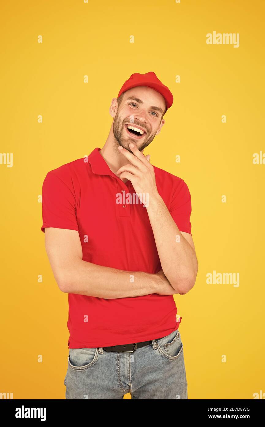 Welcome. Supermarket cashier. Man delivery service wear red cap. Shop ...