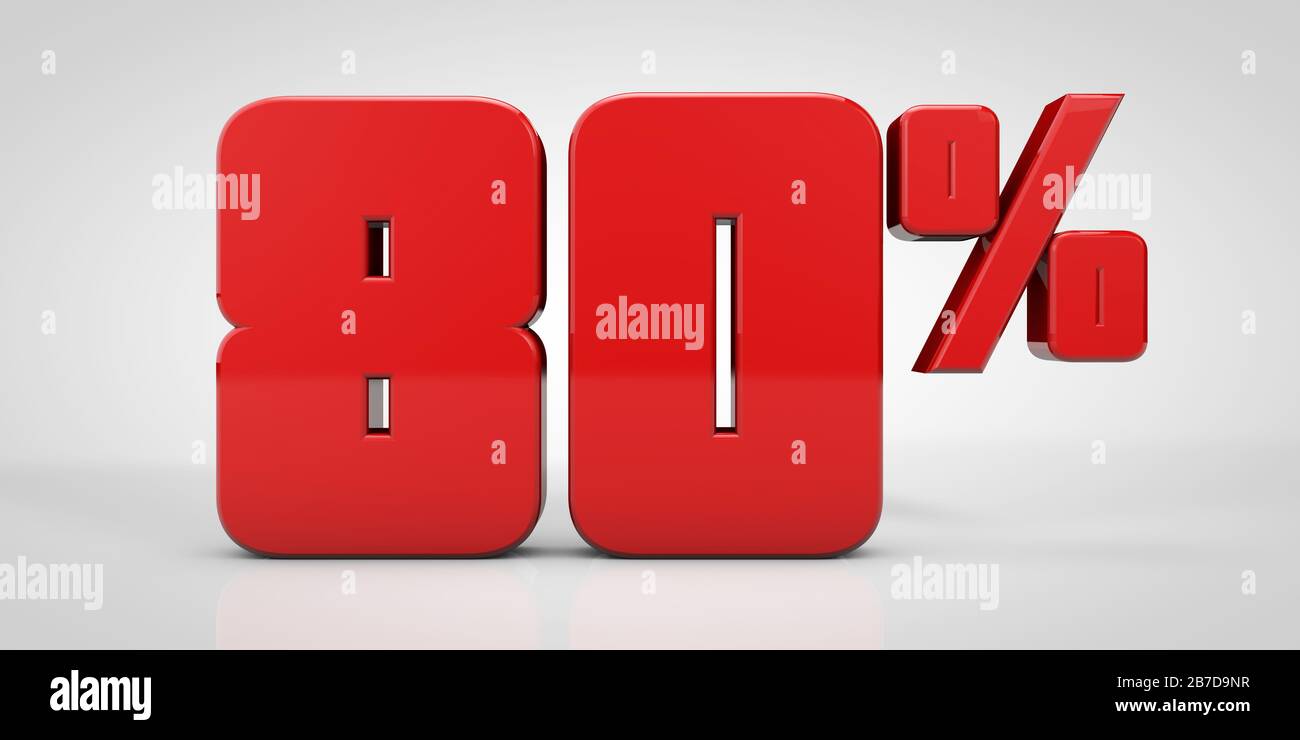 80% red text isolated on white background, 3d render illustration Stock ...