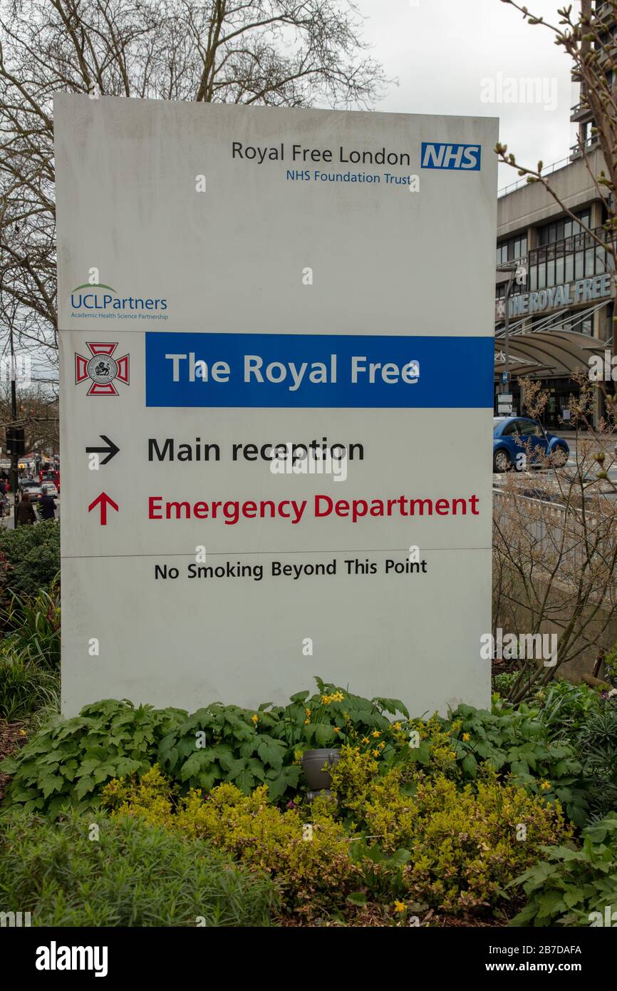 Board and sign of the Royal Free Hospital, Camden, London, UK to main ...