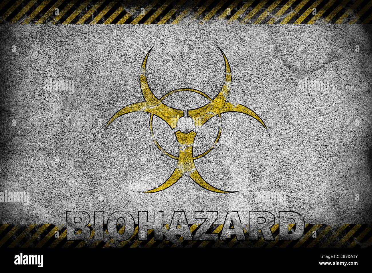Illustration with a biohazard sign depicted on a concrete wall. Old ...