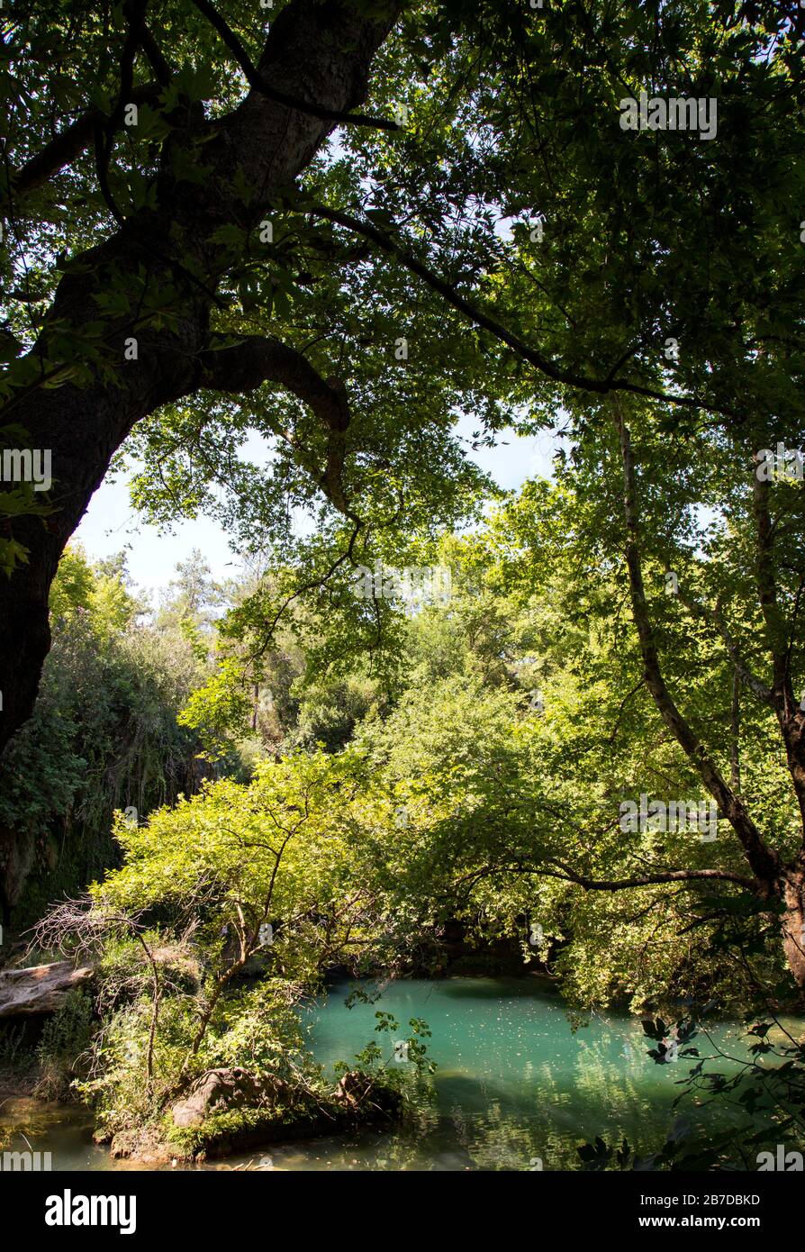View of waterfall stream and forest. Kursunlu Waterfall Park, Antalya ...