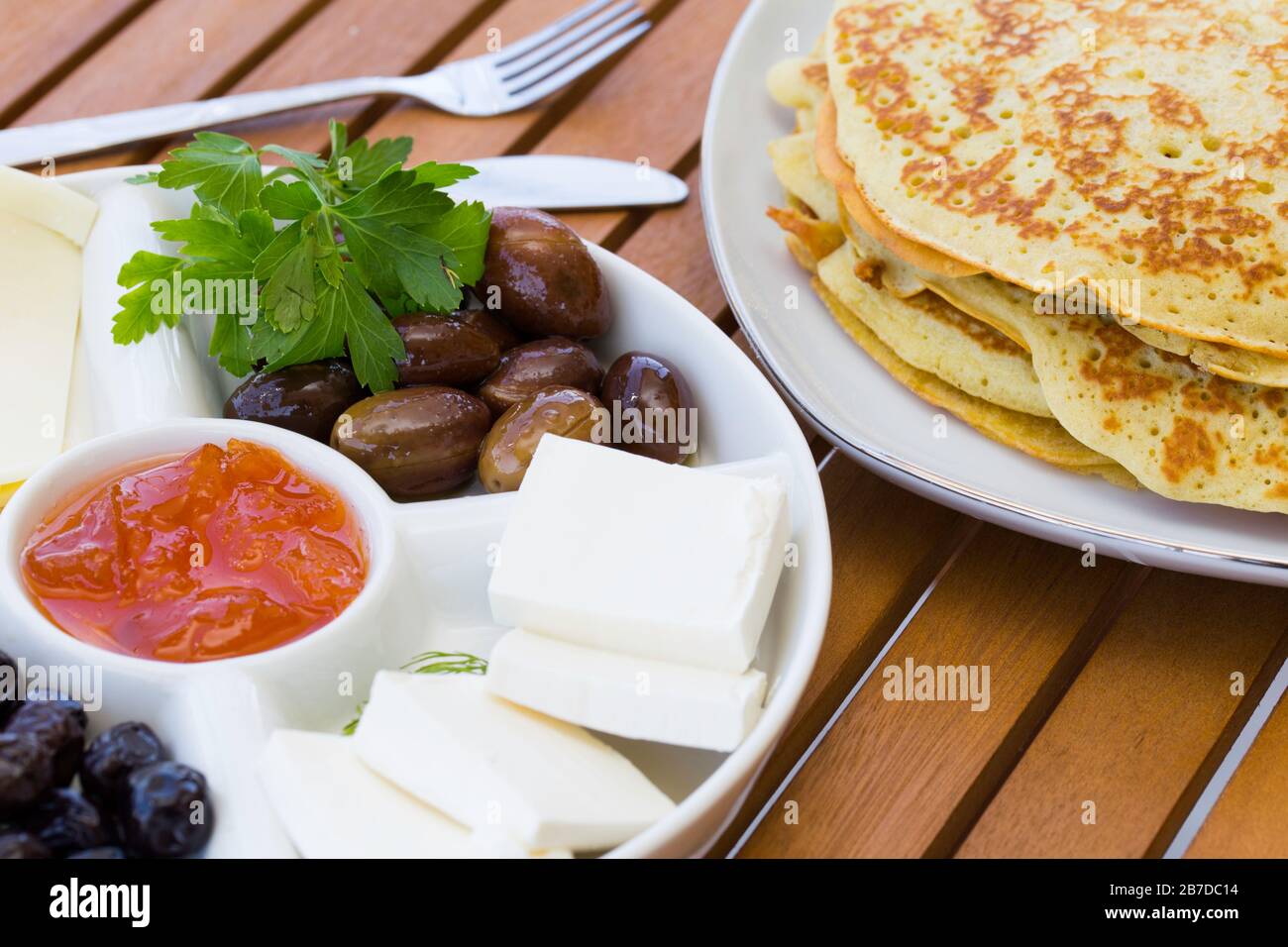 Traditional Turkish breakfast table with crepe Stock Photo - Alamy