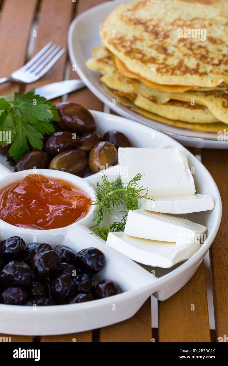 Traditional Turkish breakfast table with crepe Stock Photo - Alamy